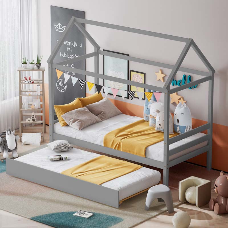 Gray Wood Frame Twin Size House Platform Bed Kids Bed with Twin Size Trundle