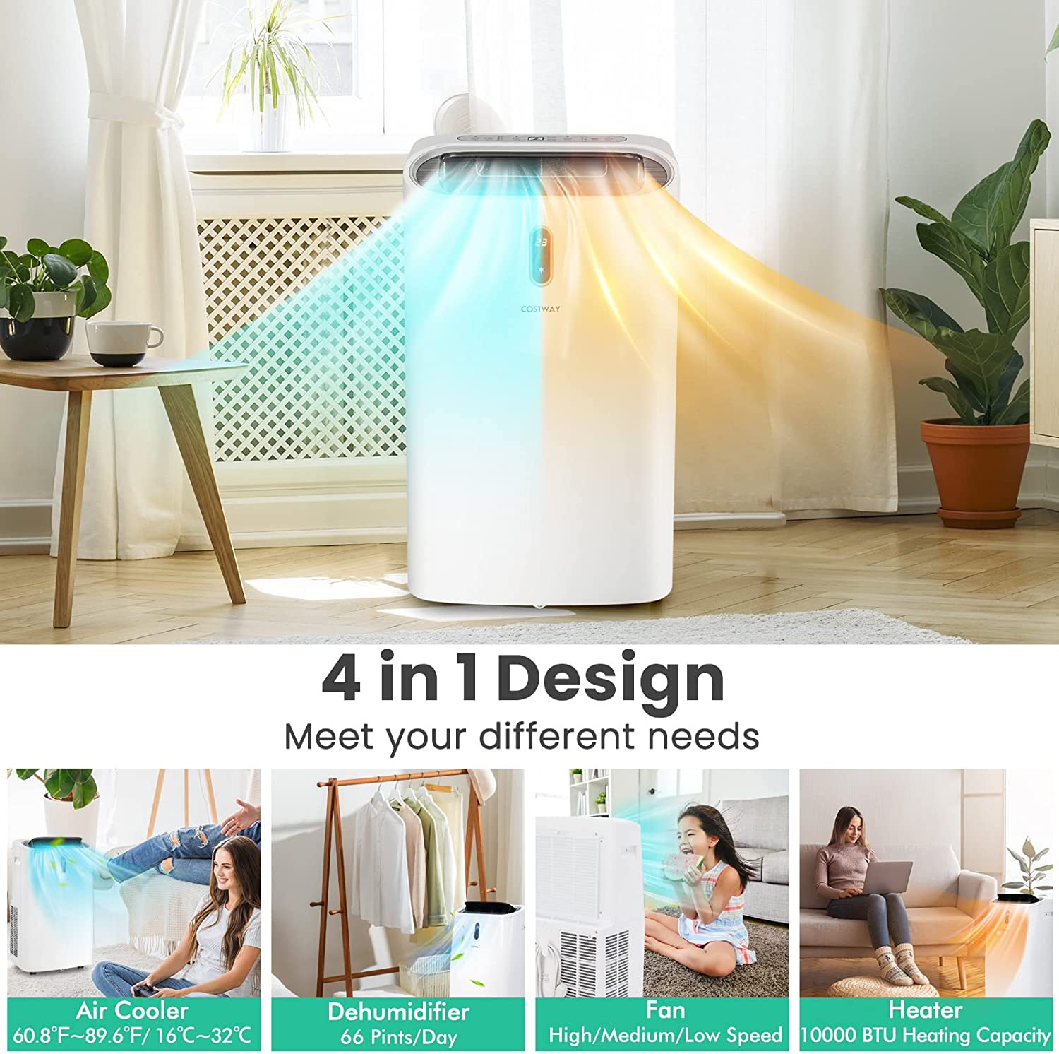 14000 BTU Portable Air Conditioner 4-in-1 AC Unit with Detachable Air ...