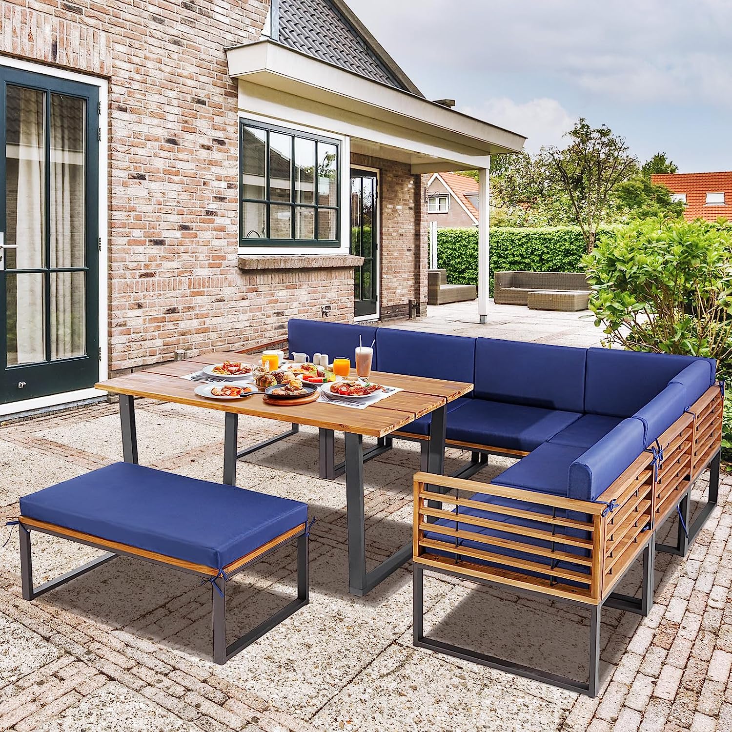 8 Pieces Outdoor Dining Table Set Patio Acacia Wood Conversation Sofa ...