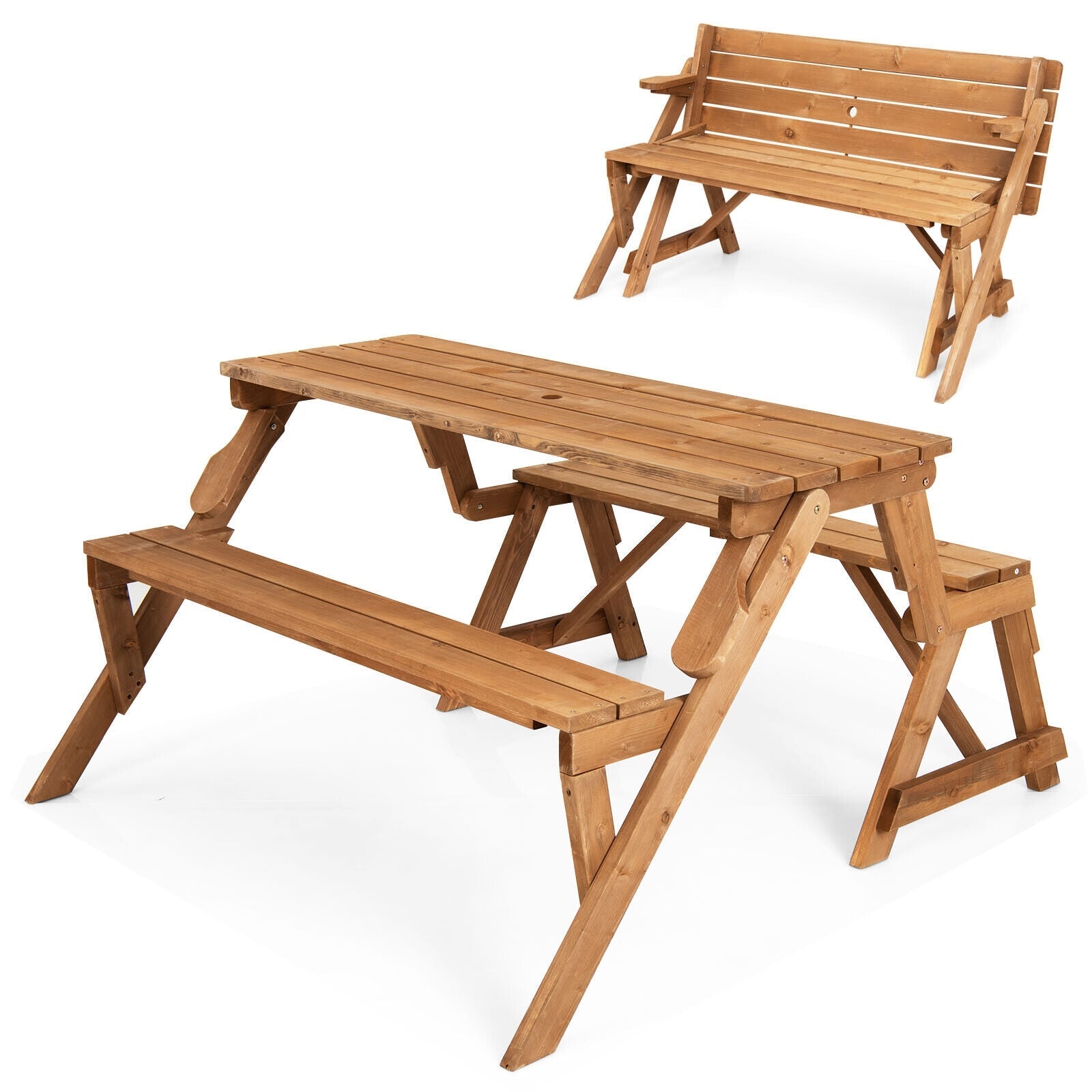 2-in-1 Transforming Interchangeable Wooden Picnic Table Bench with Umb ...