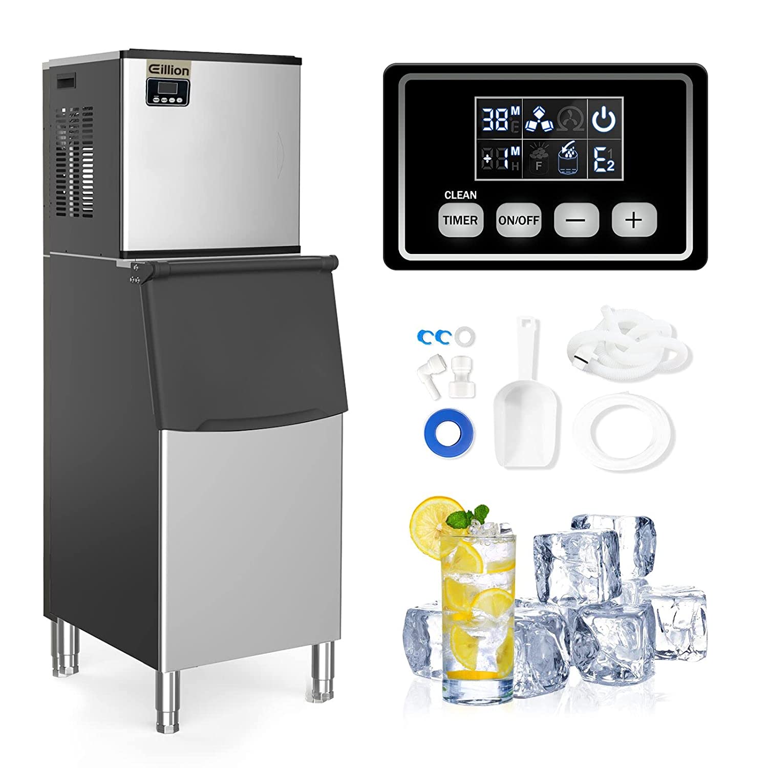 350LBS/24H Split Commercial Ice Maker 200LBS Storage Bin Full-Automati ...