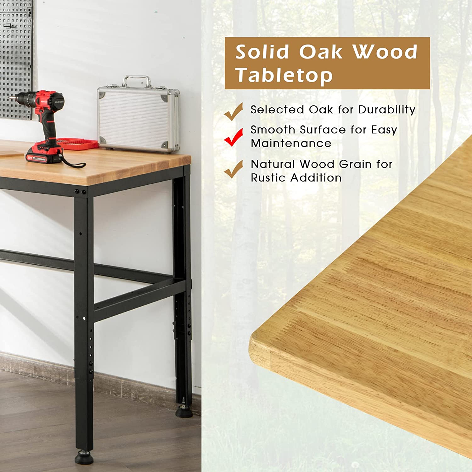 48 Inch Adjustable Height Workbench Solid Oak Wood Top Heavy-Duty Work ...