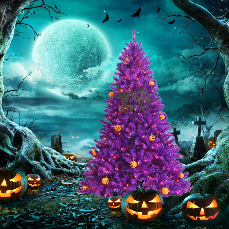 Artificial Prelit Purple Halloween Tree with Orange Lights and Pumpkin ...