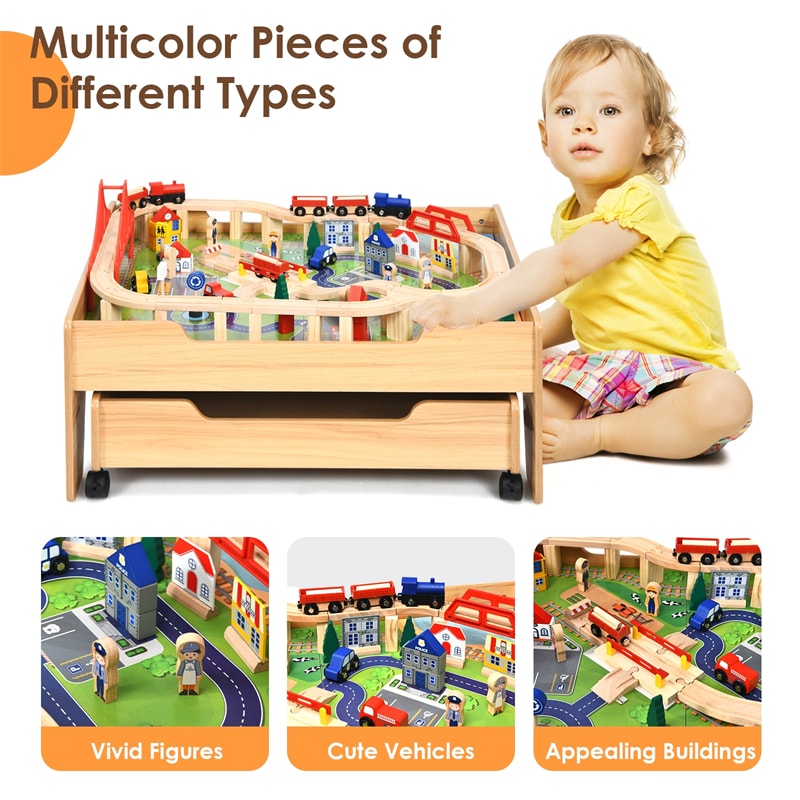 Toddler Train Table Set Kids Wooden Activity Table Playset with 100 Mu ...