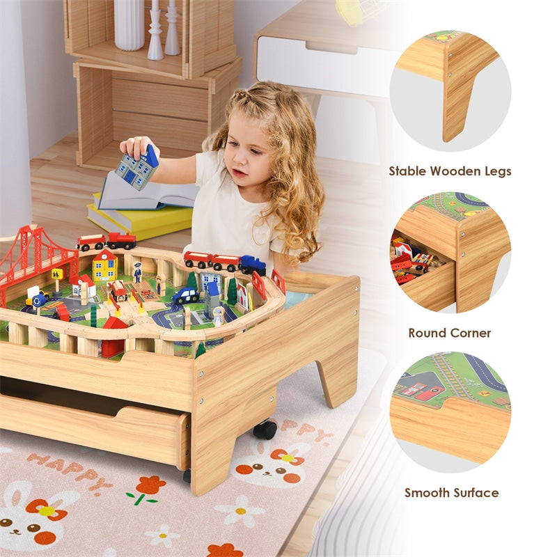 Toddler Train Table Set Kids Wooden Activity Table Playset with 100 Mu ...