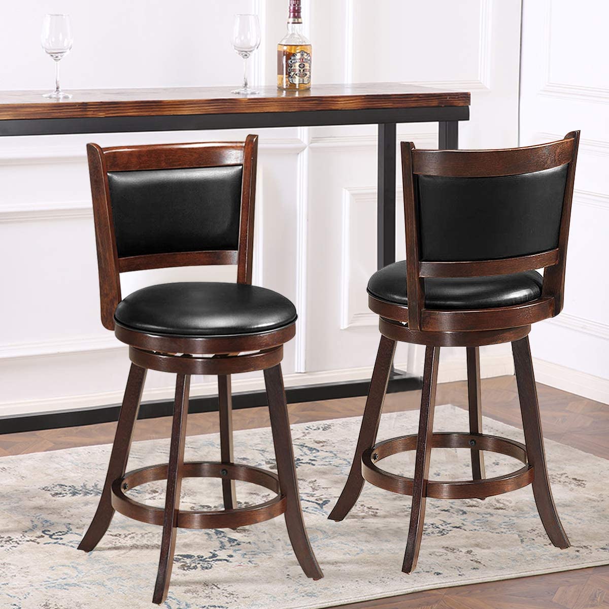 Set of 2 Bar Stools 360 Degree Swivel Accent Wooden Counter Height Din ...