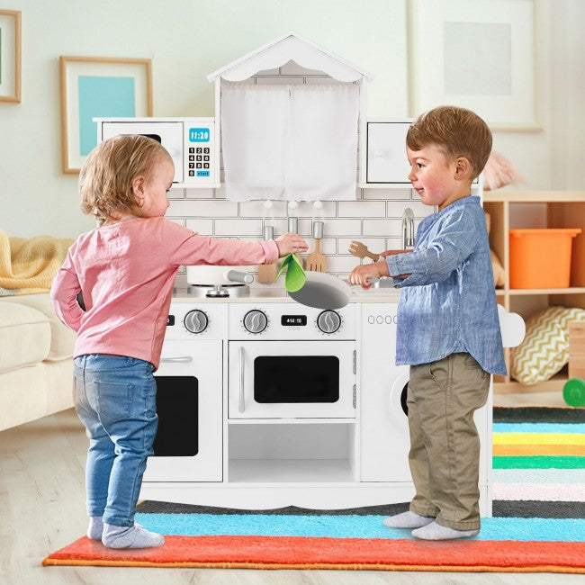 Toy Kitchen with Washing Machine for Toddlers Wooden Play Kitchen ...