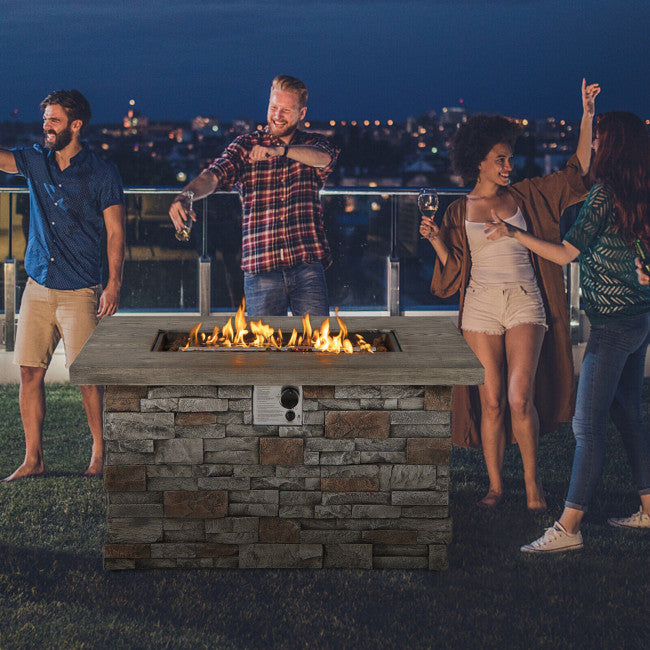 2-in-1 Design Rectangle Faux Stone Propane Gas Fire Pit Table 50,000 B ...